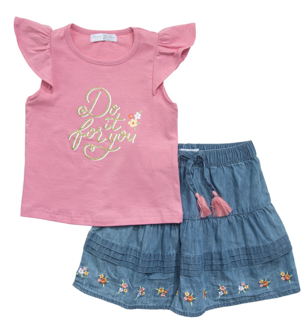 Μπλούζα+φούστα τζιν μαλακό bebe κορίτσι ροζ λεμονάδα/τζιν.